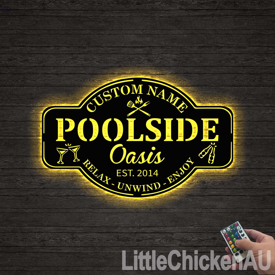 Personalized Poolside Oasis Metal Wall Art Led Light Custom Tiki Bar ...