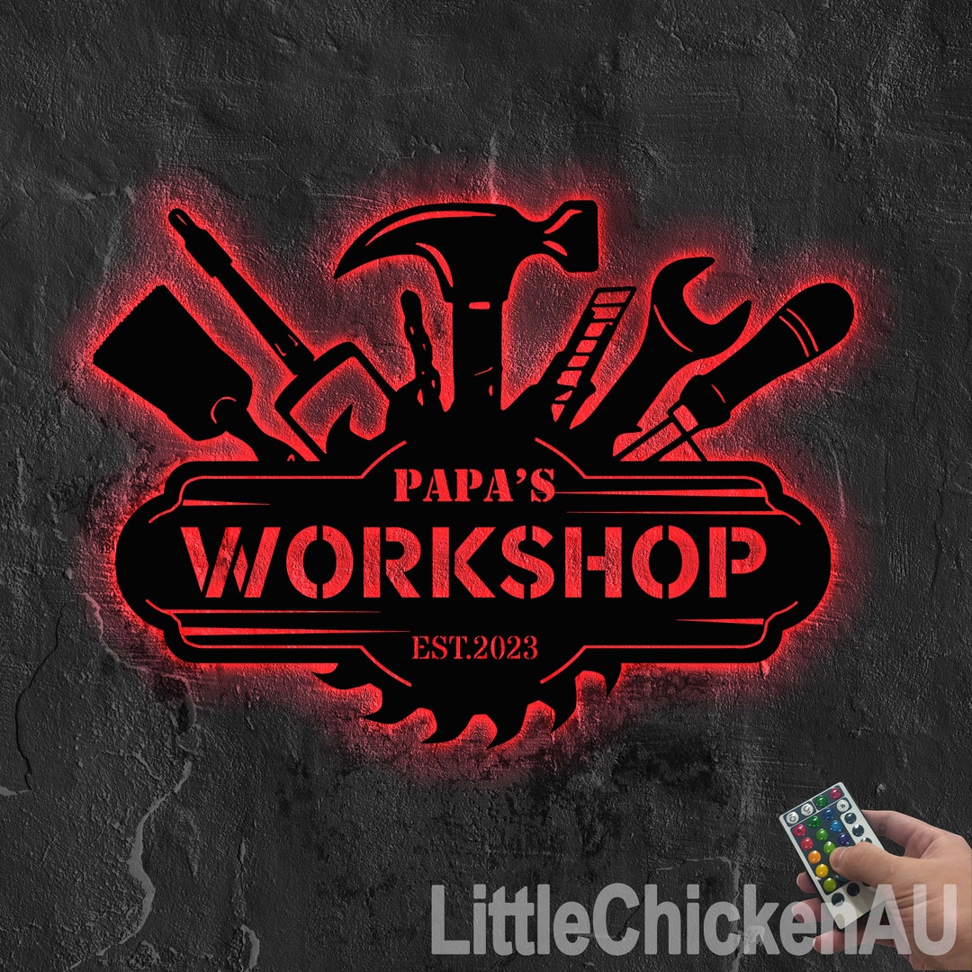 Personalized Fathers Day Sign Workshop Sign Wall Art LED Papas Work ...