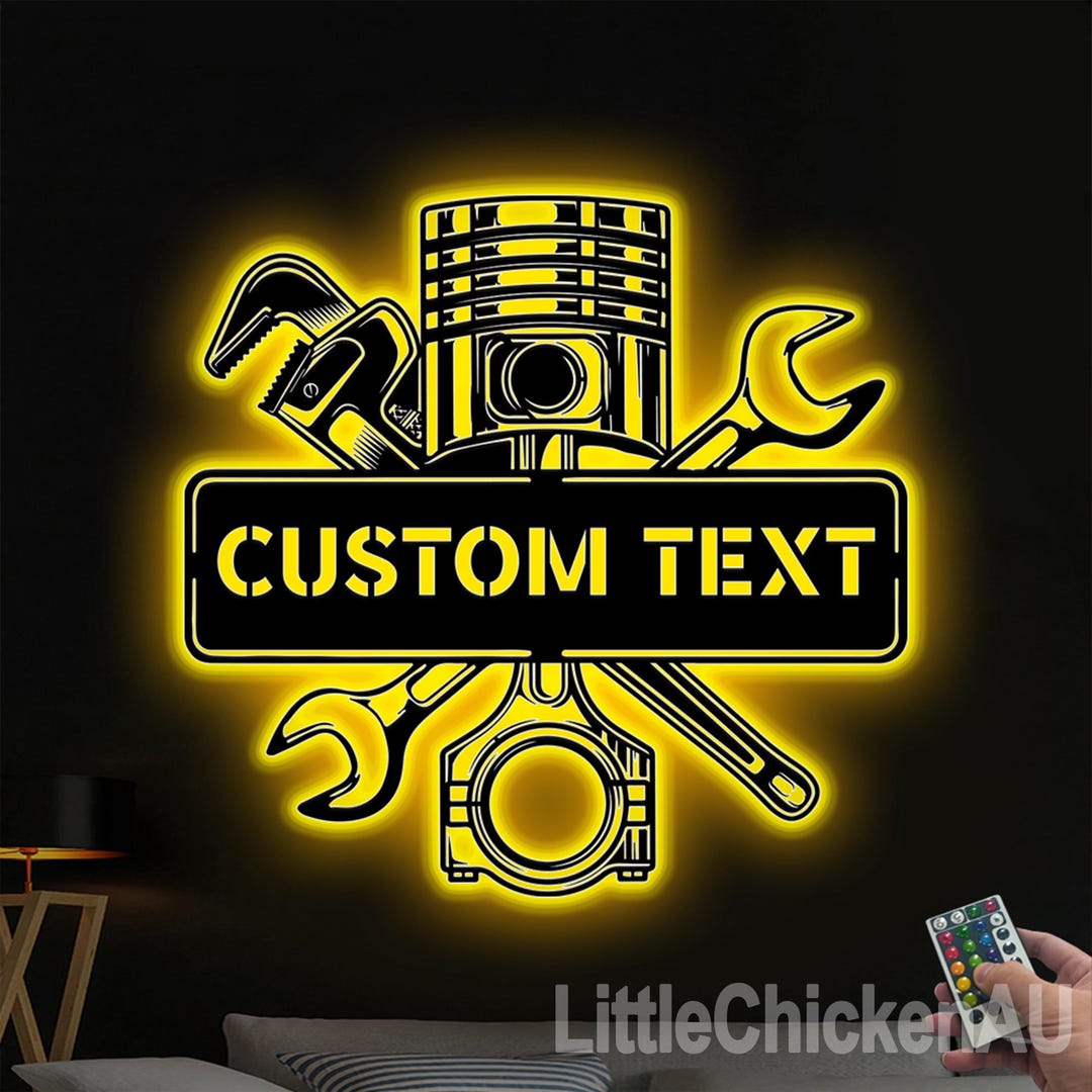 Custom Garage Metal Wall With LED Lights, Personalized Workshop Name ...