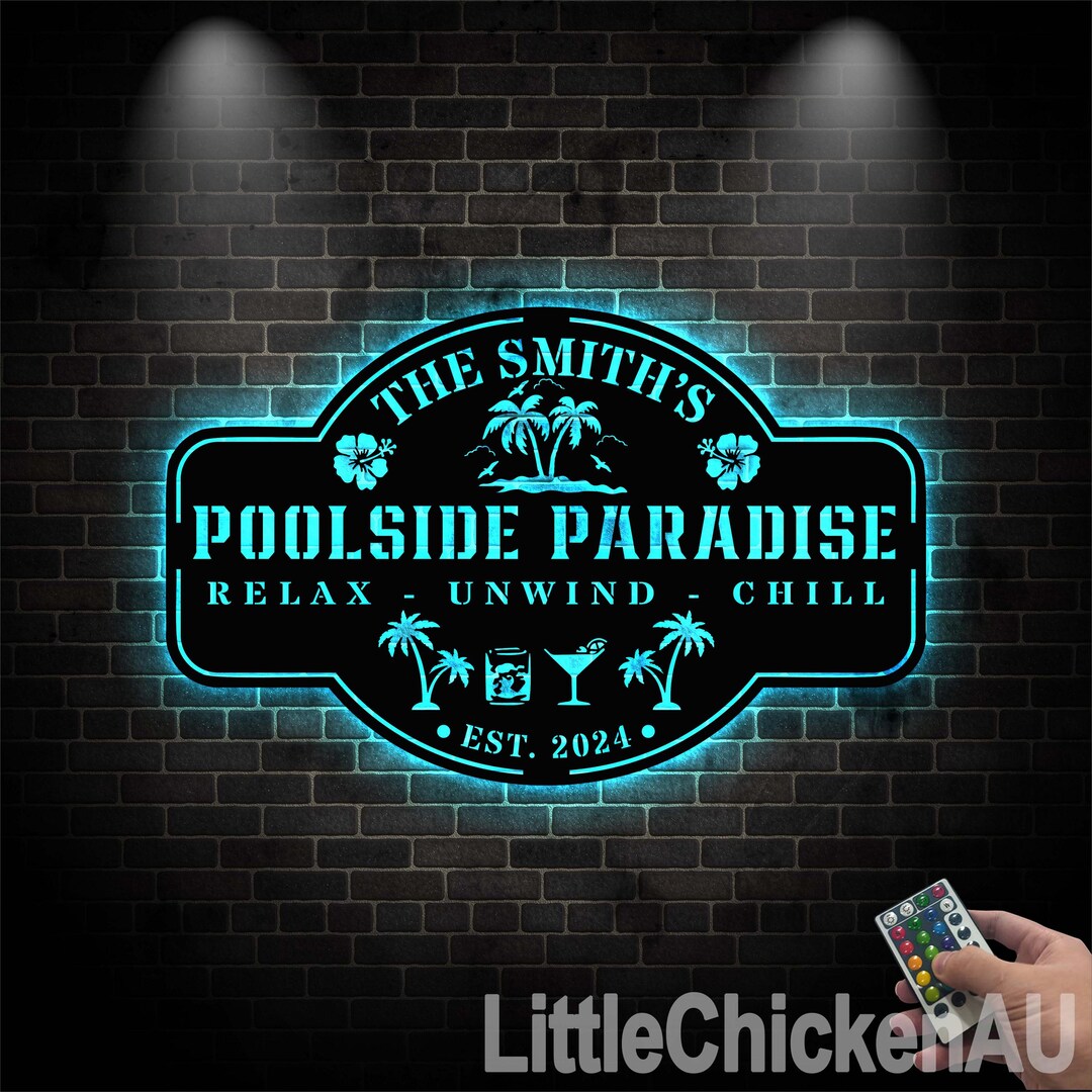 Personalized Poolside Paradise Metal Sign LED, Hibiscus Palm Tree Decor ...