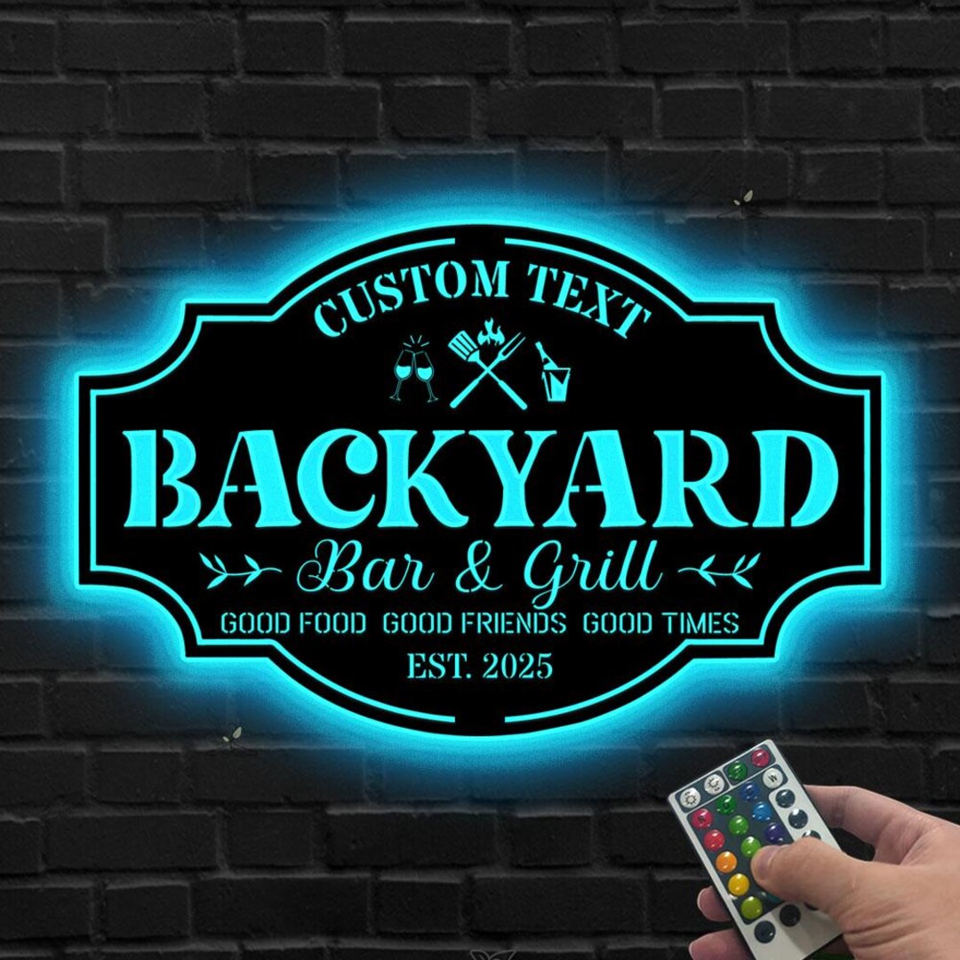 Custom Backyard Bar & Grill LED Metal Sign, Personalized BBQ Pit Decor ...