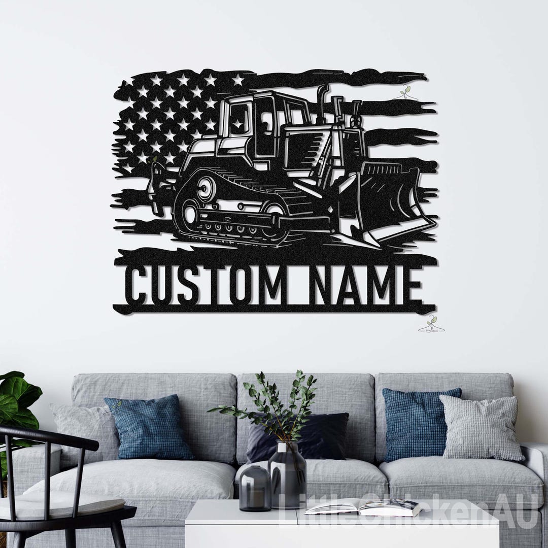 Custom Bulldozer Metal Wall Art, Personalized Name American Flag Decor ...