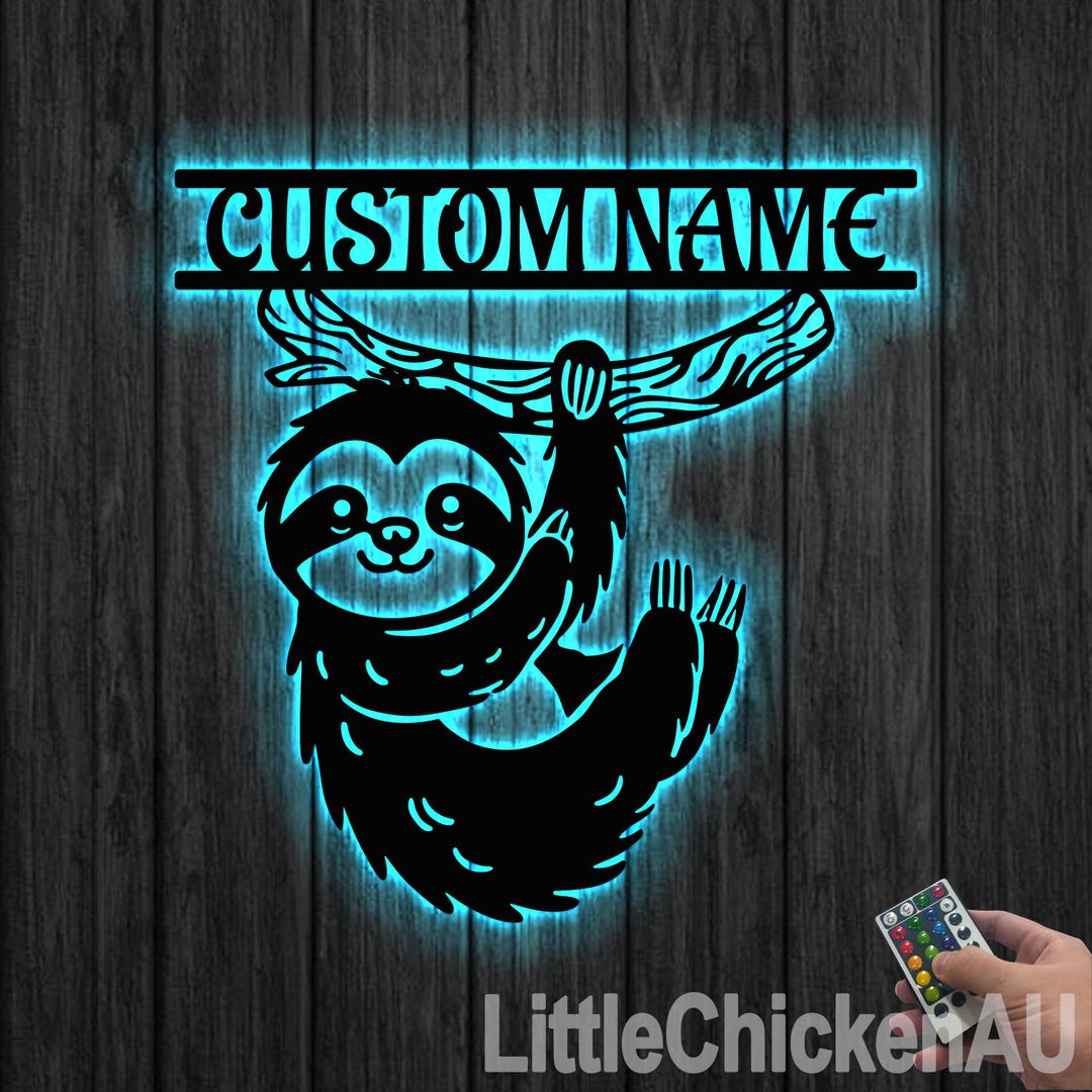Personalized Cute Sloth Metal Wall Art LED Lights, Custom Funny Lazy ...