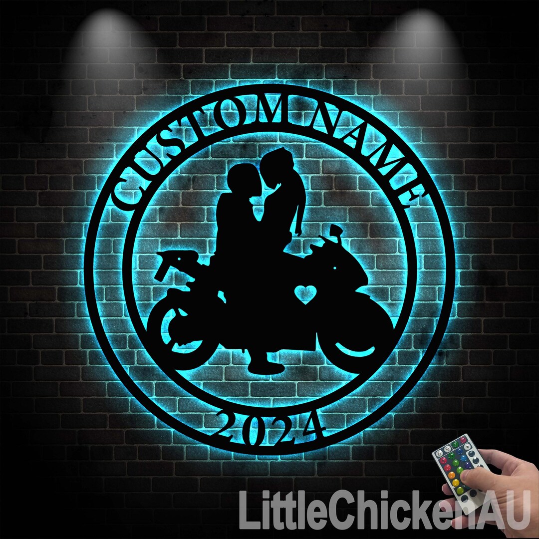 Personalized Biker Couple Metal Sign LED, Custom Motorcycle Rider Wall ...