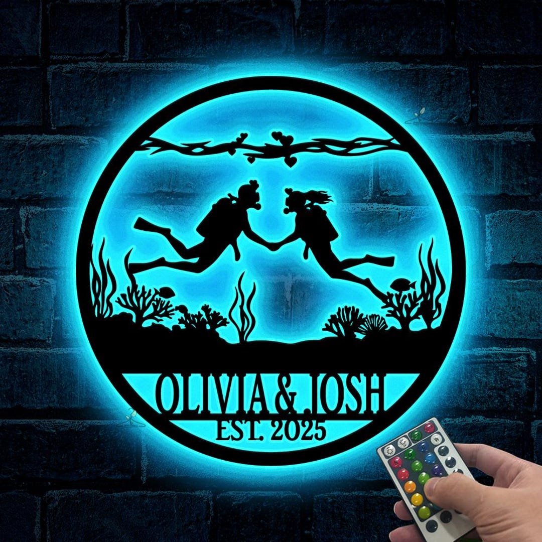 Custom Scuba Diver LED Metal Sign, Personalized Diving Wall Art, Ocean ...