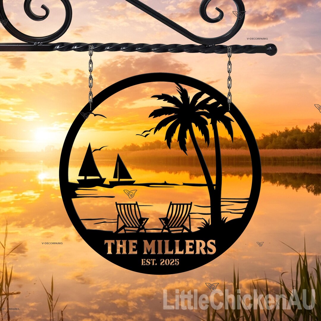 Custom Sunset Beach Sign Metal Monogram Wall Art, Wedding Gift, Family ...