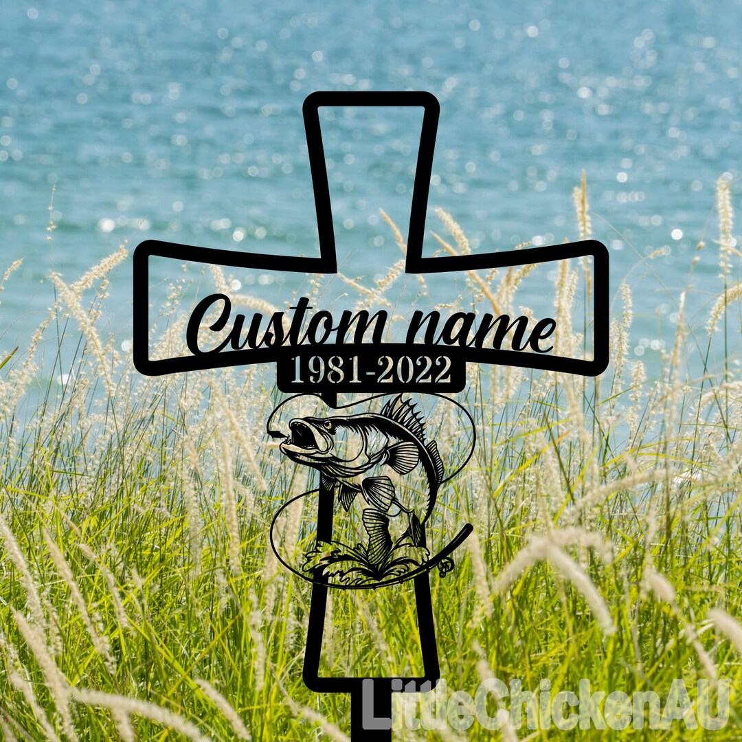 Memorial Cross Fisherman Metal Stake Personalized, Memorial Cross Stake ...
