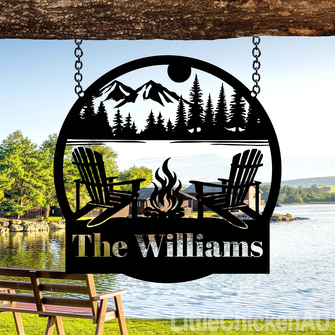 Campsite Monogram LAKE SCENE Name Sign With Yard Stakes Custom Metal ...