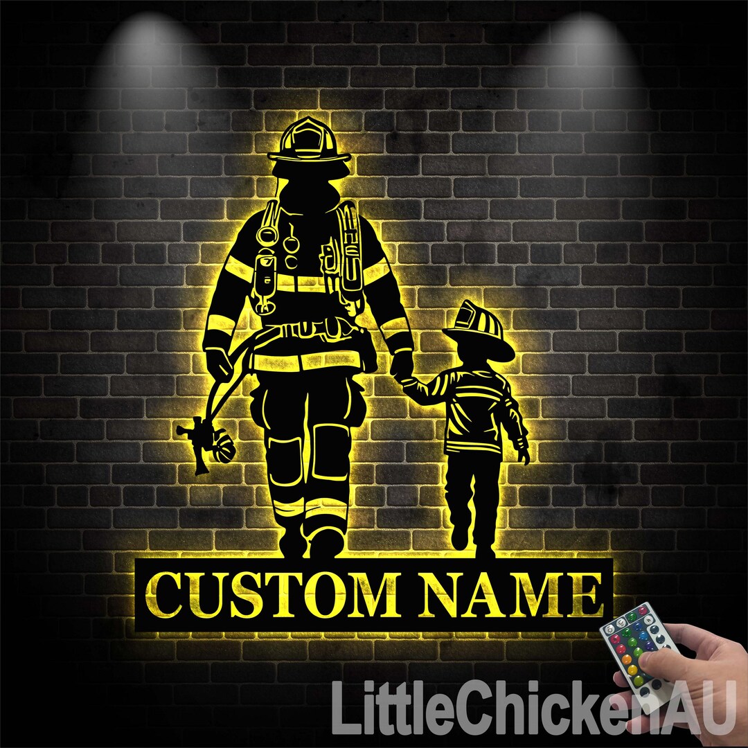 Daughter Father Son Firefighter Metal Wall Art LED Light, Personalized ...