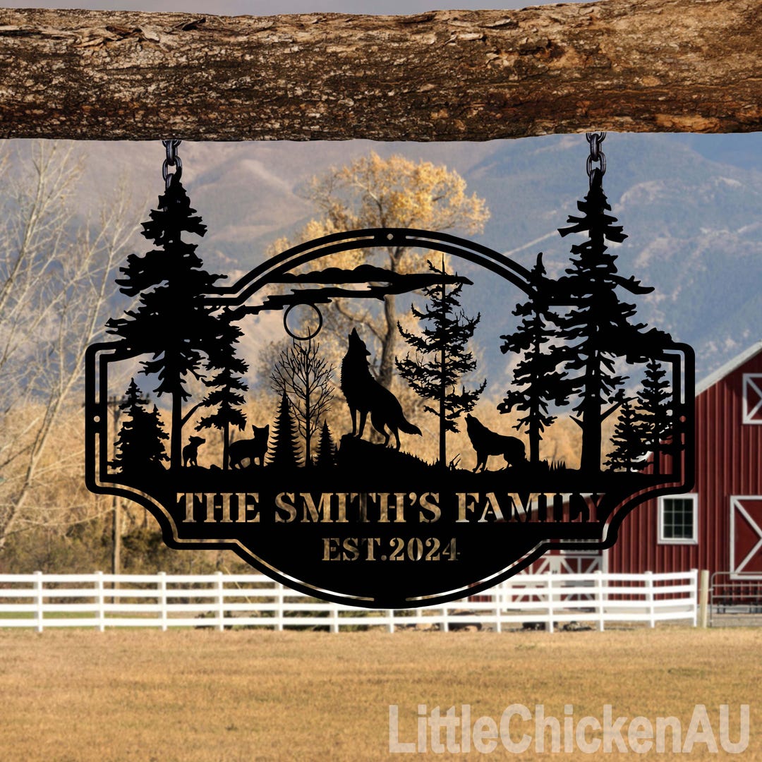Last Name Signs for Home, Wolf in Woods Cabin Sign, Family Name Black ...