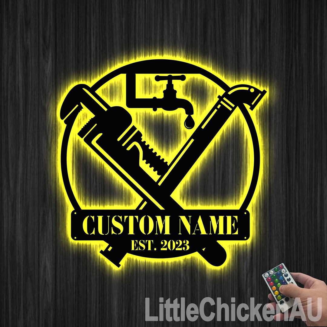 Custom Plumbing Metal Wall Art LED Light Personalized Plumber Name Sign ...