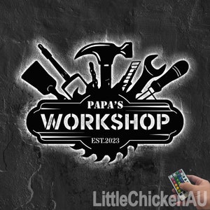 Personalized Fathers Day Sign Workshop Sign Wall Art LED Papas Work ...