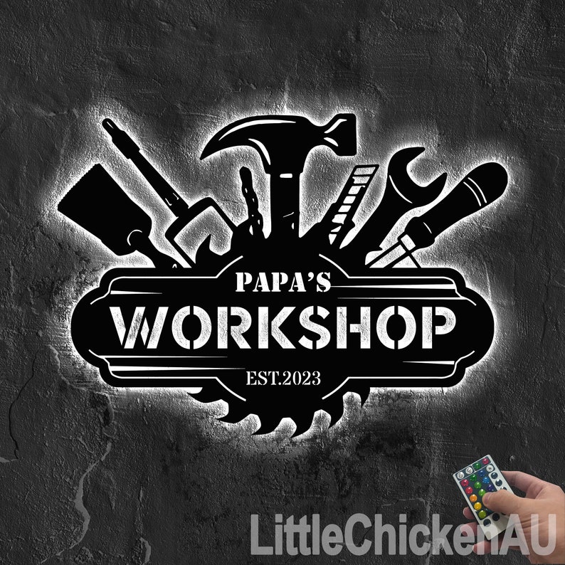 Personalized Fathers Day Sign Workshop Sign Wall Art LED Papas Work ...
