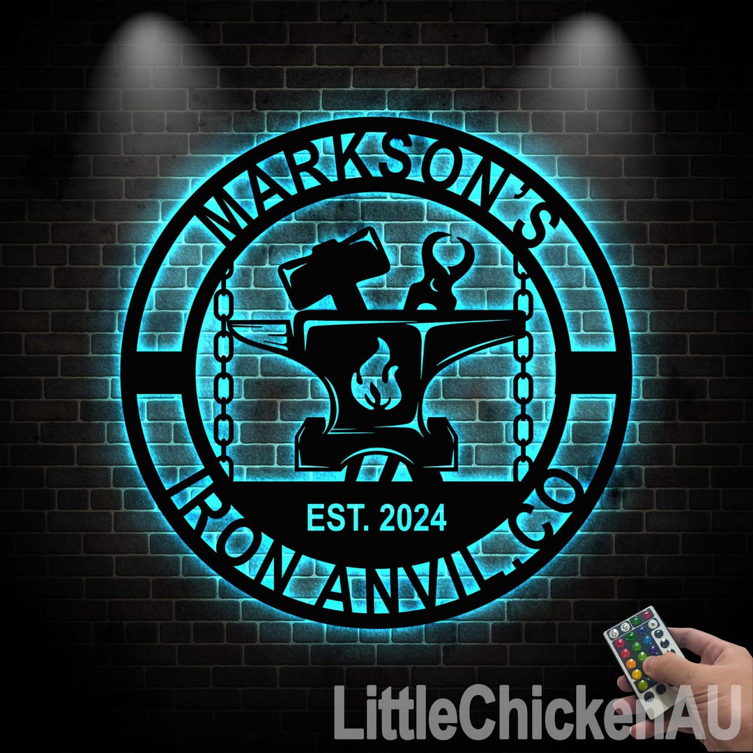 Custom Home Forge Sign Metal Led Light, Iron Anvil & Hammer Forge Metal ...