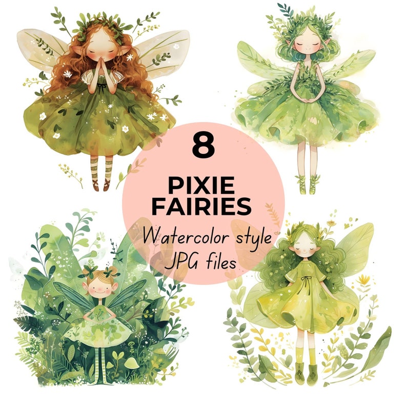 8 Cute Fairy Set, Pixie Fairies JPEG Files, Whimsical Fairy Instant ...