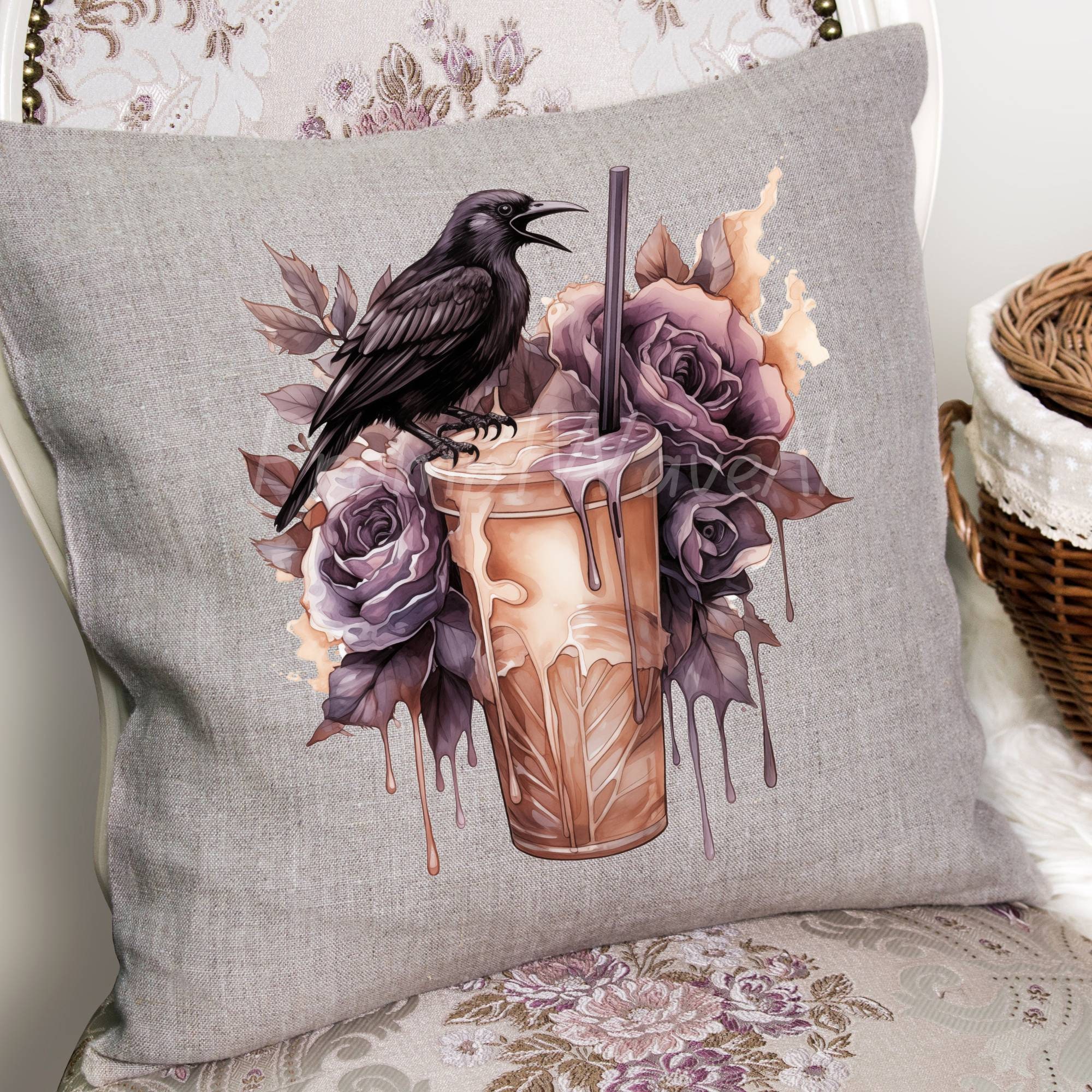 Gothic Iced Coffee Clipart, Dark Vibes, Halloween Crow and Coffee ...