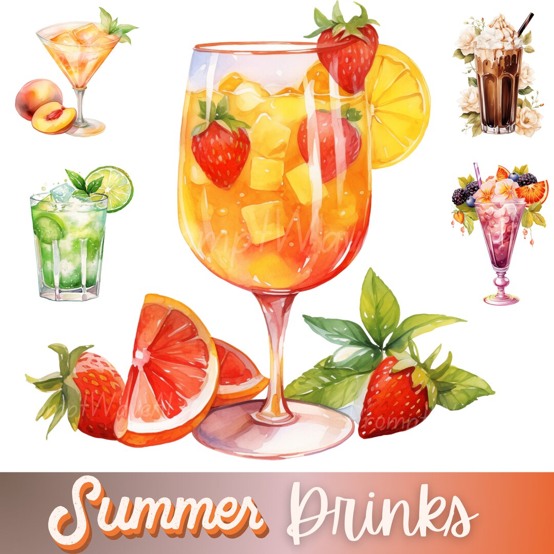 WATERCOLOR Summer Drinks Lemonade Clip Art, Cocktail Illustration, Ice ...