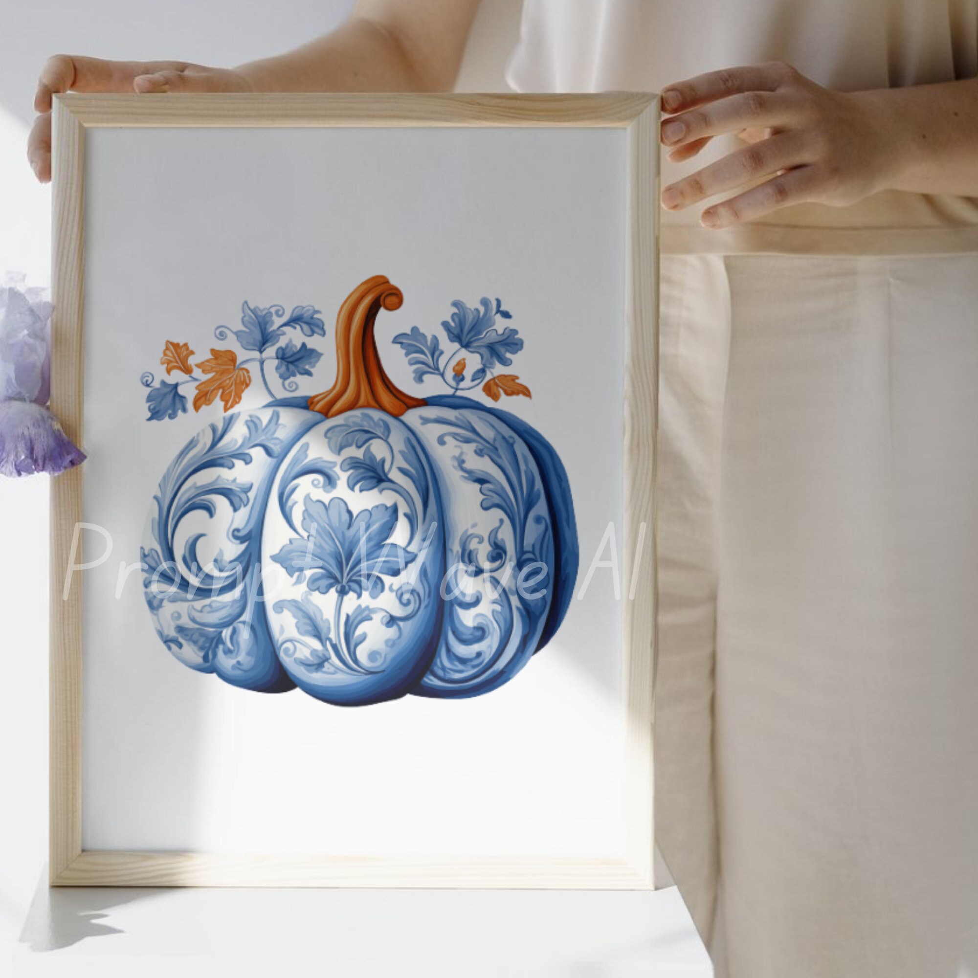 Blue White Pumpkin Watercolor Clipart PNG, Portuguese Tile Autumn ...