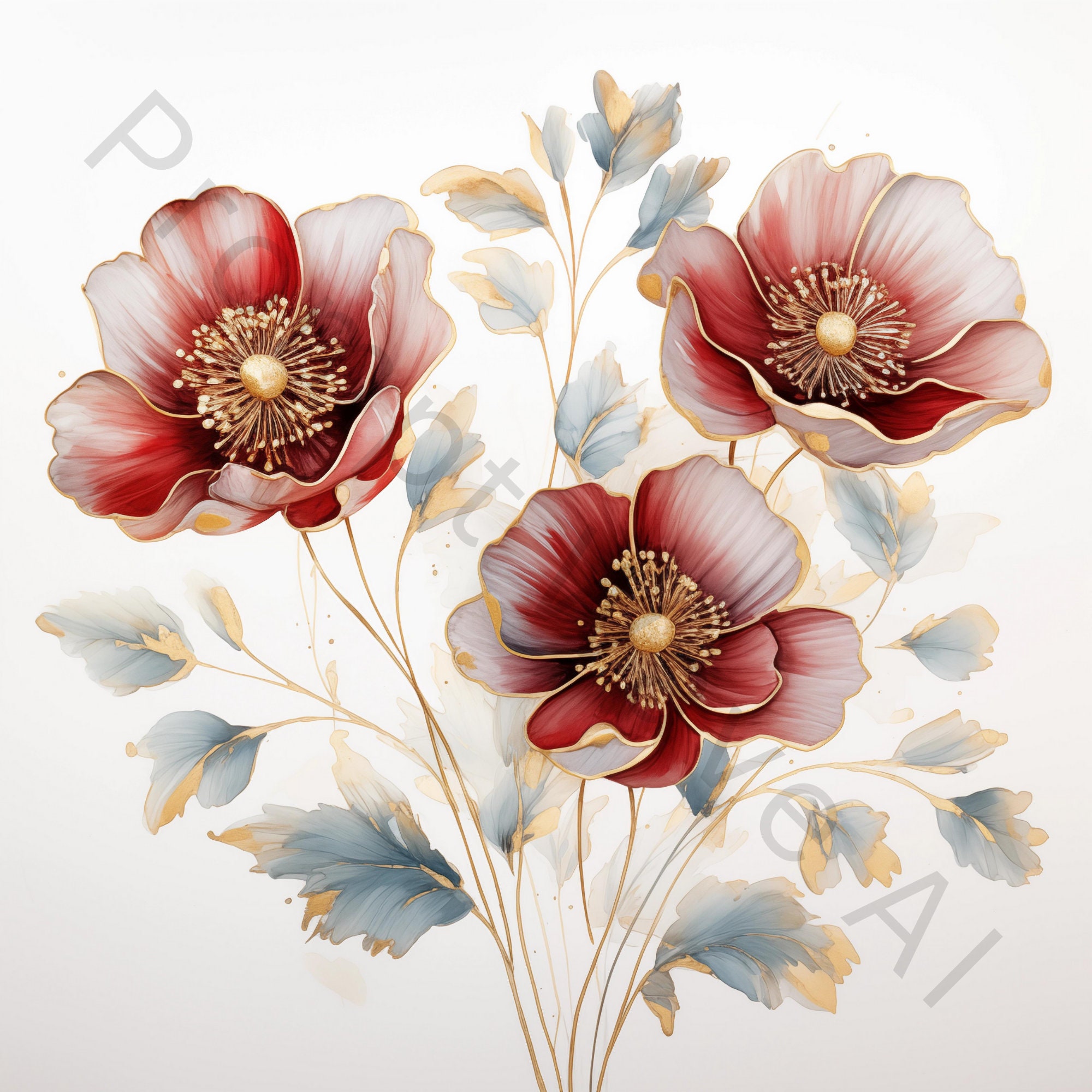 17 Abstract Red Flowers Clipart, Red Gold Blue Flower, Poppy Peony Botanical Aesthetics, Flowers ...