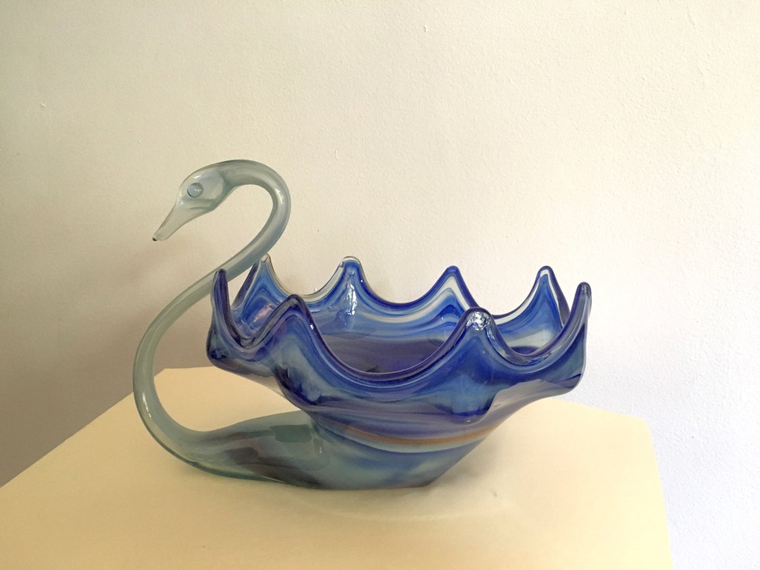 BIG Sooner Art Glass Swan/mid Mod Glass/ Blue Glass Swan/ Hand Blown ...