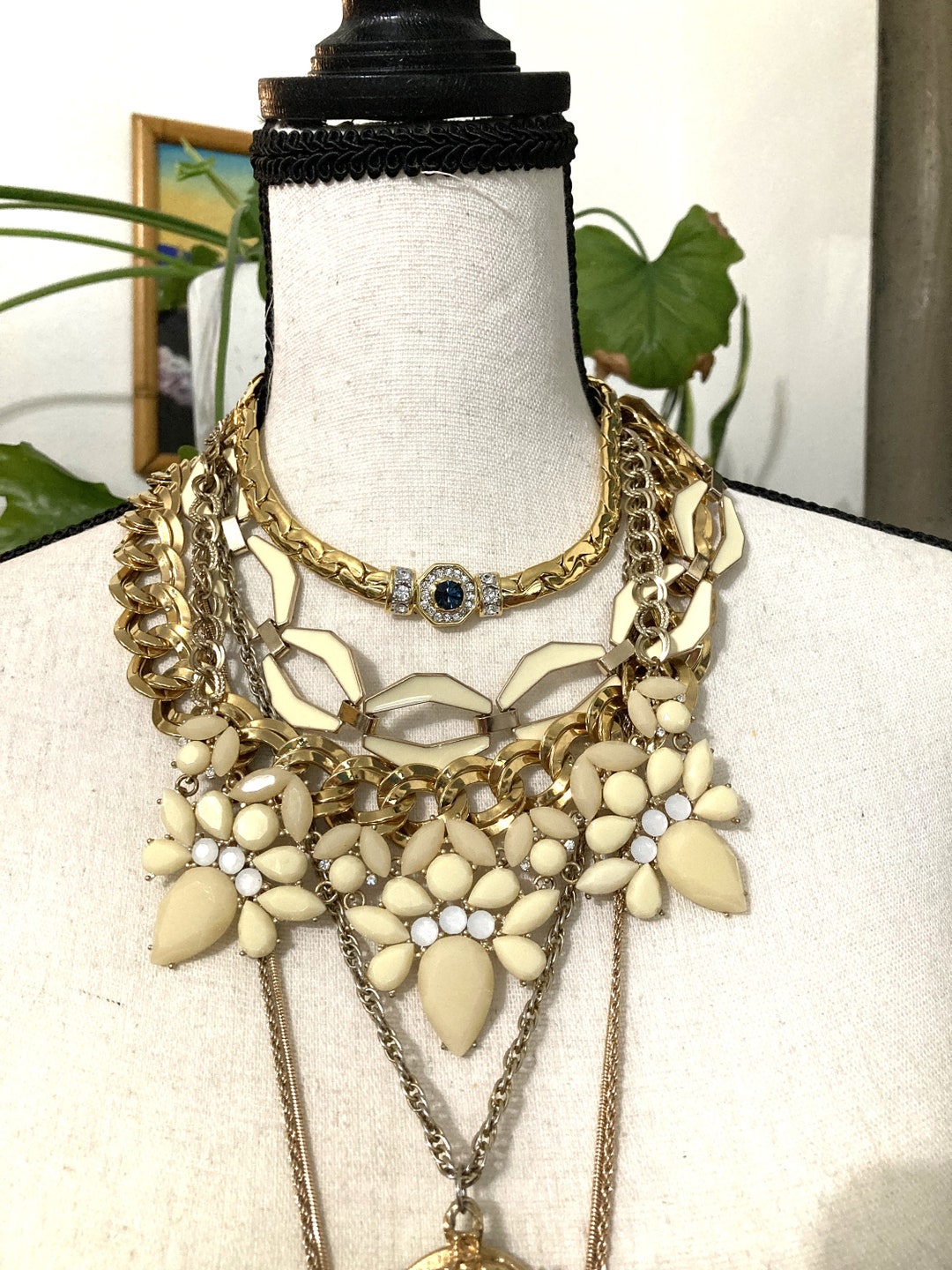 7, Necklace Stack: Gold, White, Blue, Boho Necklace -iris Apfel Style ...