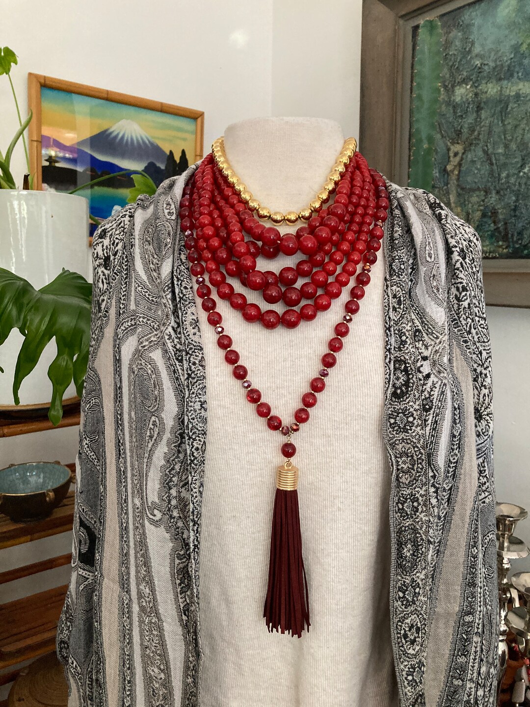 3/ Layered Necklaces/ Red and Gold Necklaces/ Necklace Lot/ Coordinated ...