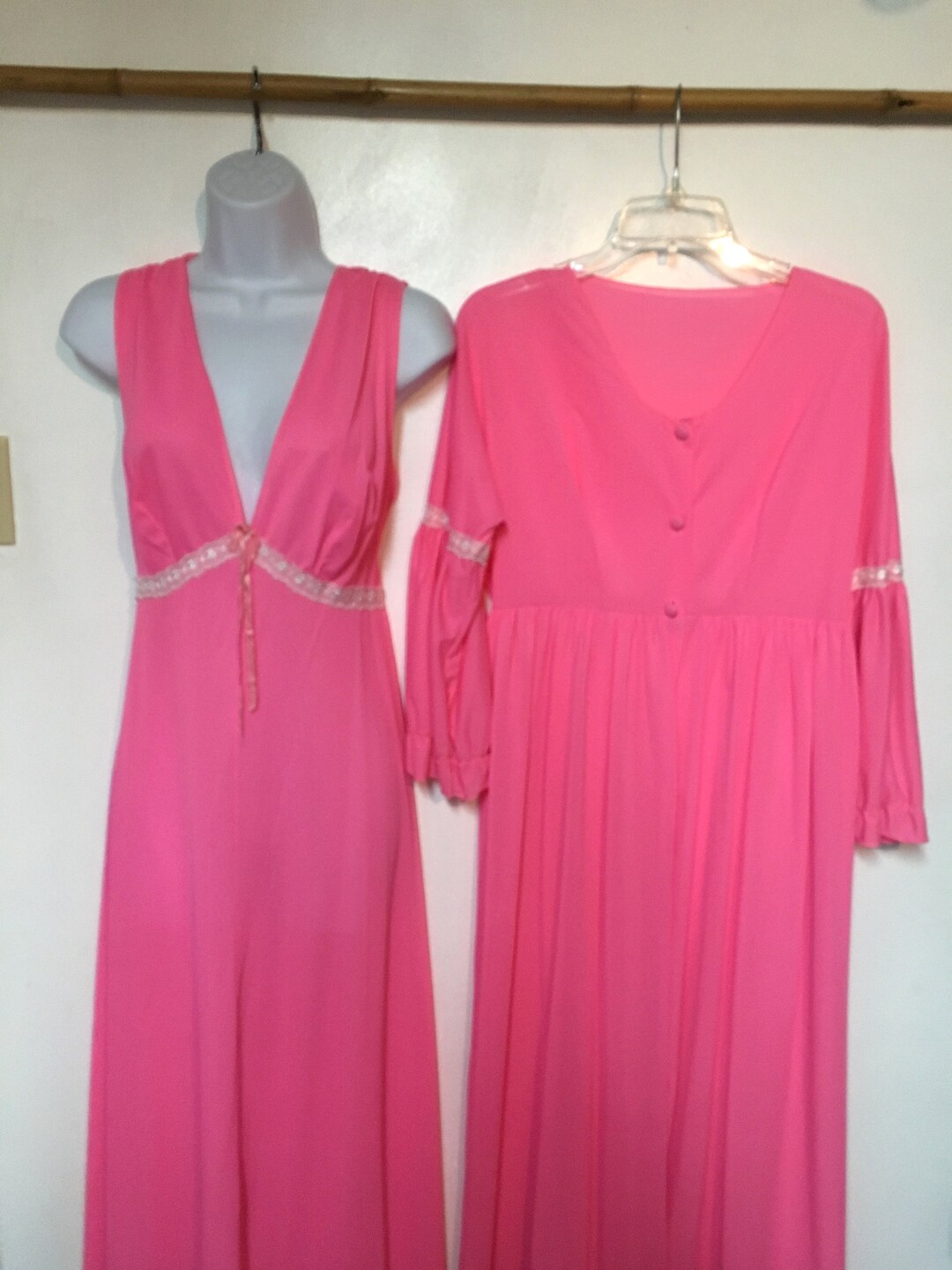 Vintage Nightgown & Robe Set//size L// HOT Pink//negligee// Peignoir ...