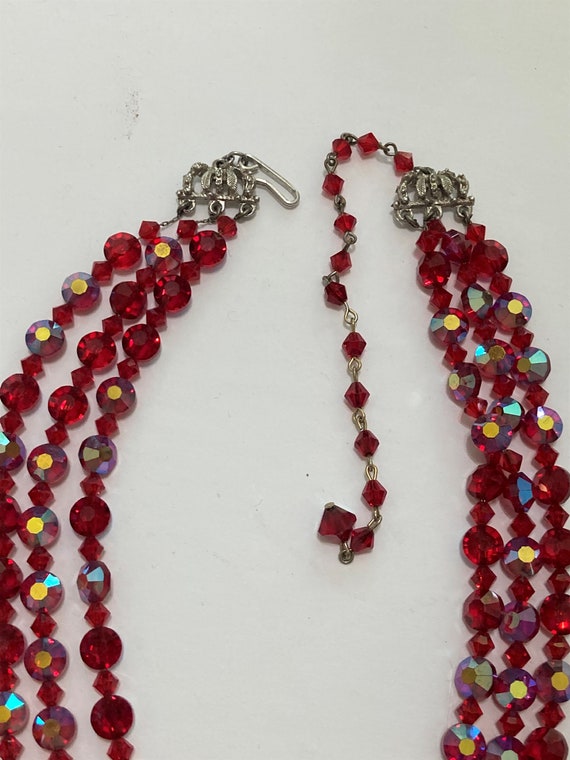 50s/ RED Crystal Necklace / Three Strands/ FACETED cr… - Gem