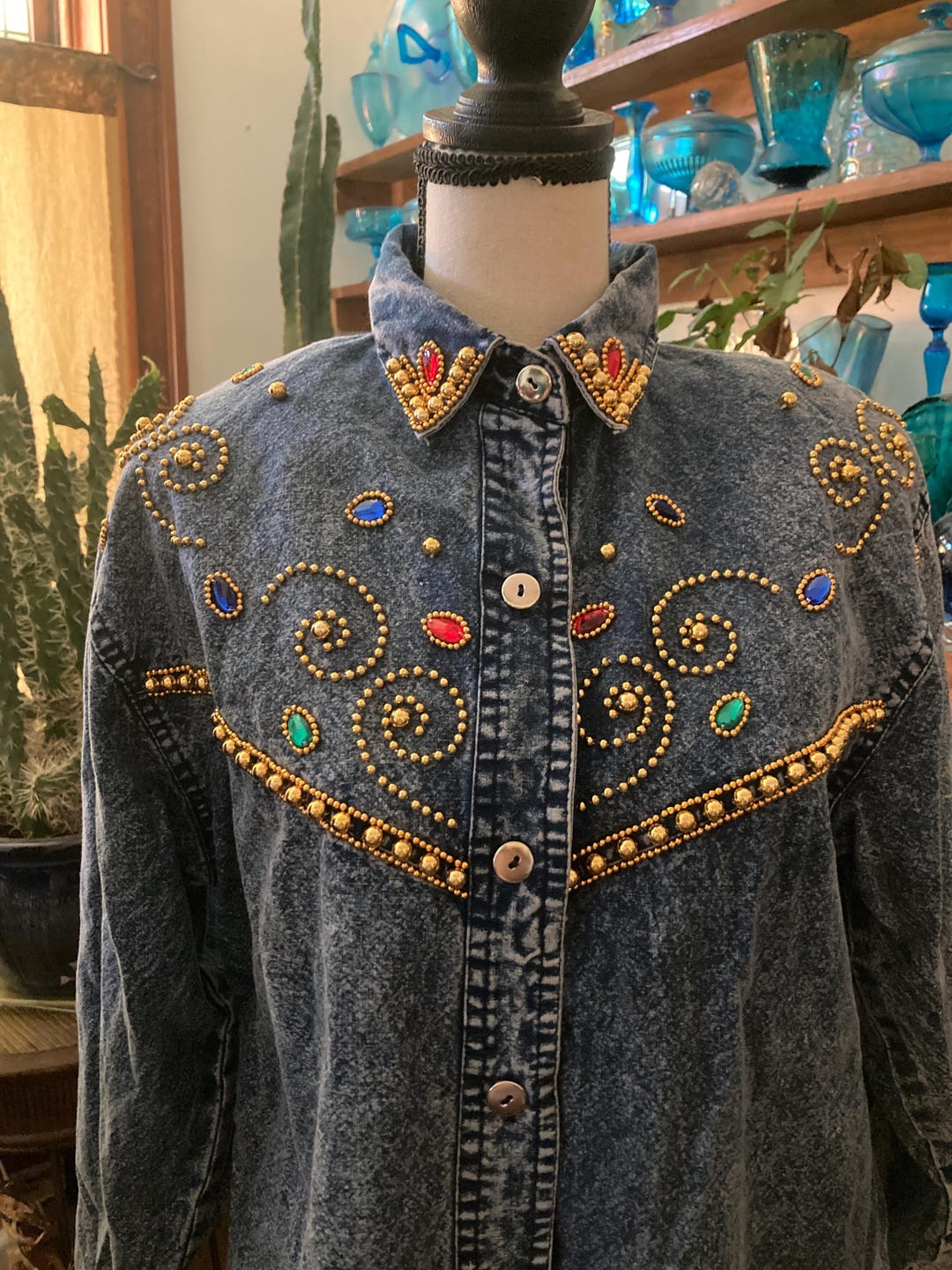 80s Denim Blouse With BLING: Size M - Acid Washed Denim - Etsy