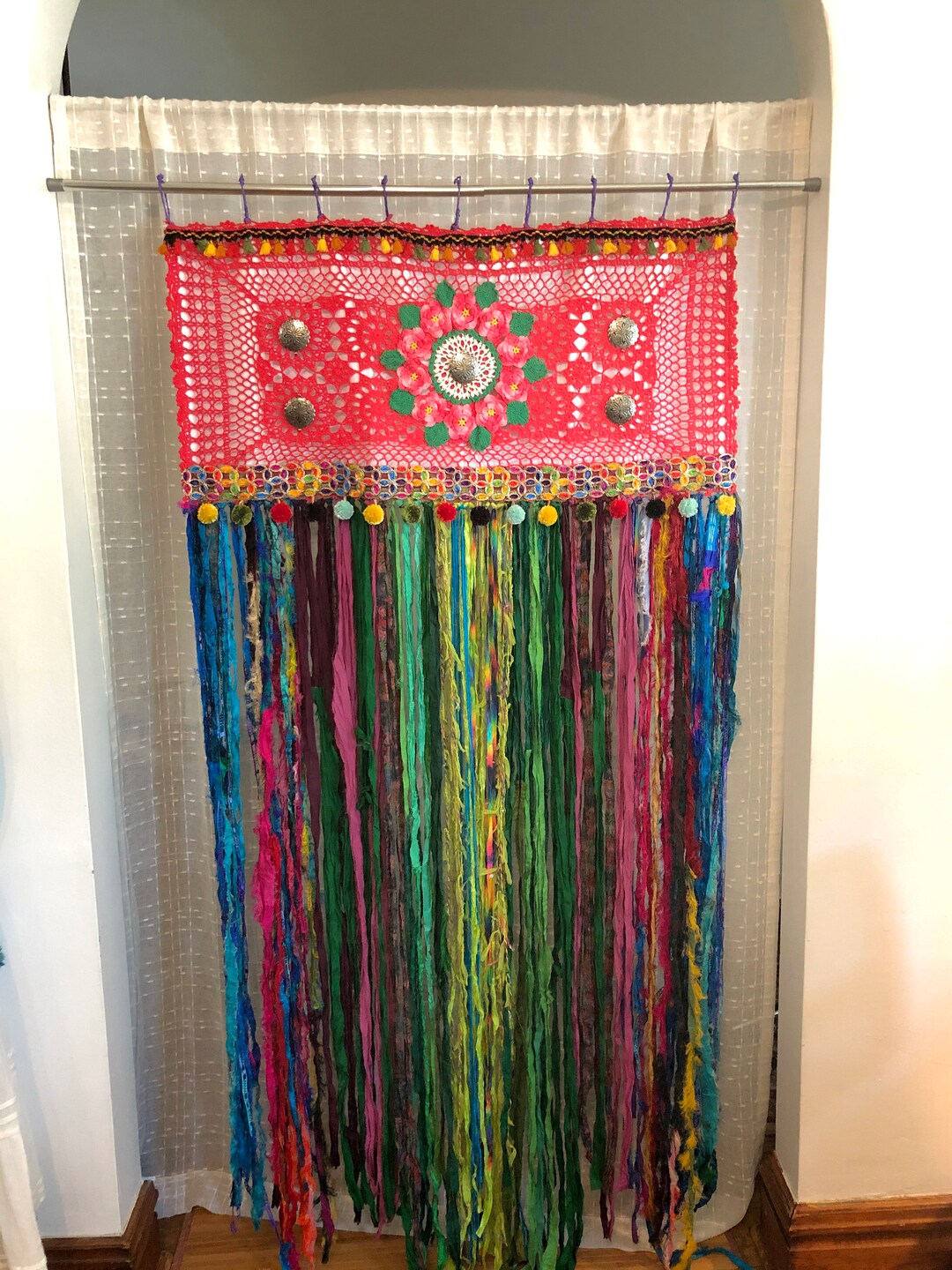 Boho Curtain, CONCHOS, Crochet Curtain, Red Curtain, Handmade, Curtain ...