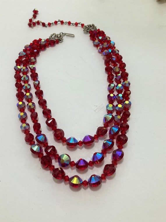 50s/ RED Crystal Necklace / Three Strands/ FACETED cr… - Gem