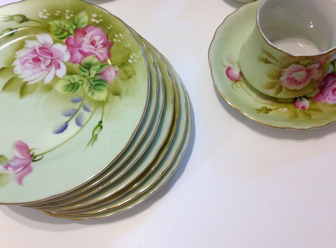 Lefton China Tea Set Green Heritage Rose Tea Service Etsy