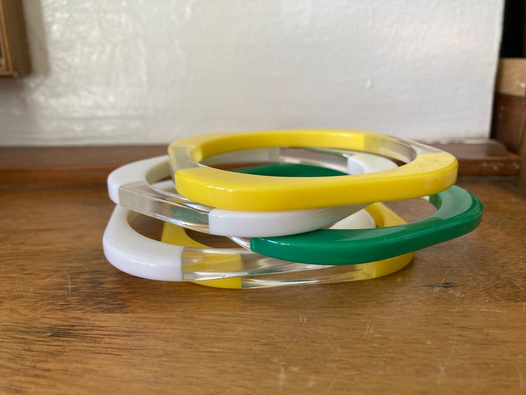 5/ 60s/ Mod Bangles/ Laminated Lucite Bangles/ Clear and Yellow/ Green ...