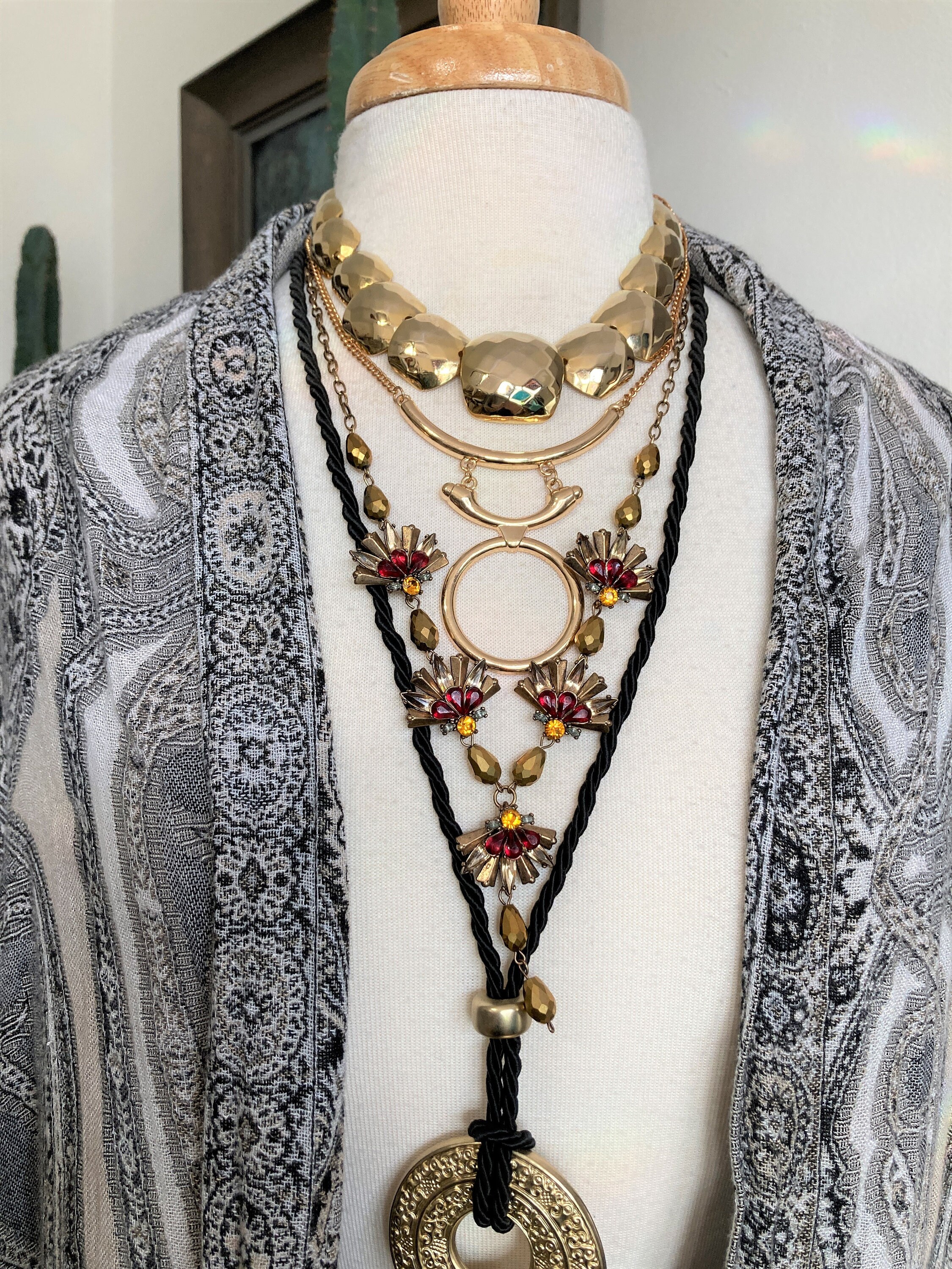 4/ Layered Necklaces/ Black, Red, and Gold Necklaces/ Necklace Lot ...