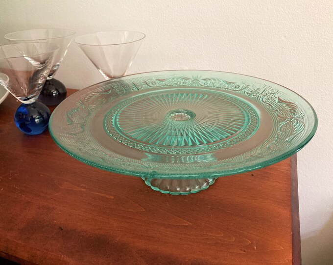 Green Glass Cake Stand/ 30s/ Vintage Glass Cake Stand/ 11.5"/ Green ...