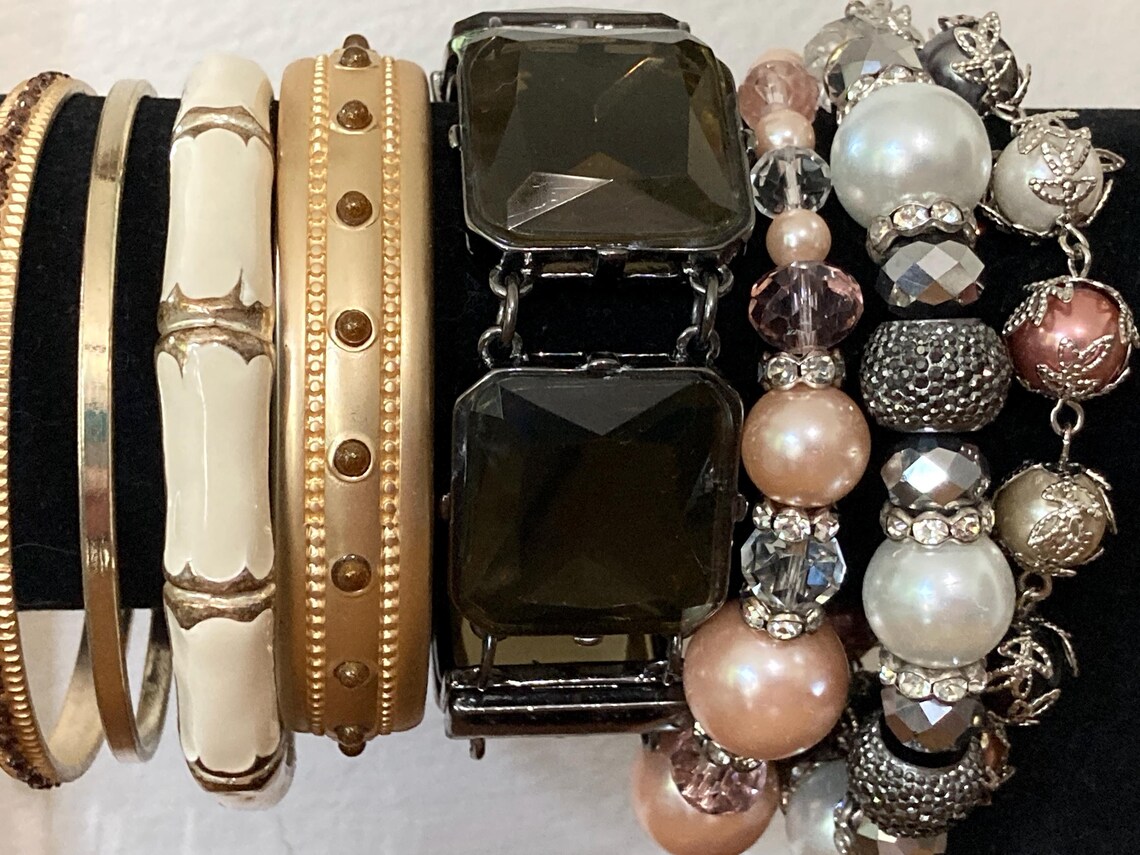 15, Bangle Stack, Pearls, Gold, Crystal, Married Metals, Vintage Monet ...