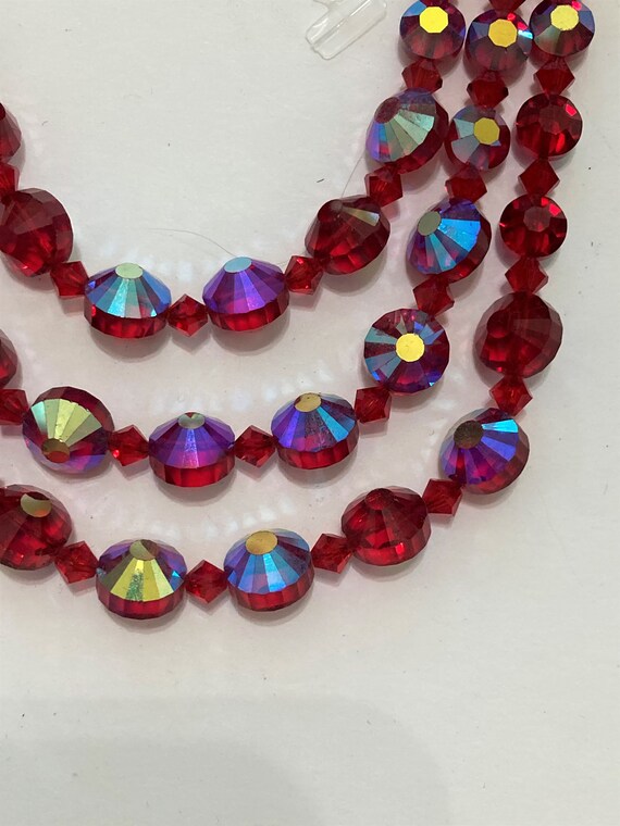 50s/ RED Crystal Necklace / Three Strands/ FACETED cr… - Gem