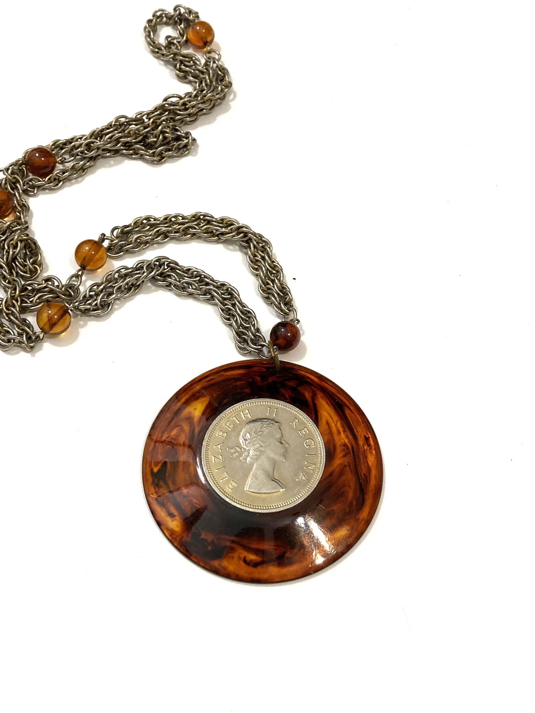 60s, Queen Elizabeth II Regina Coin, Pendant Necklace, Lucite Tortoise ...