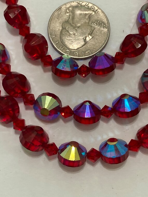 50s/ RED Crystal Necklace / Three Strands/ FACETED cr… - Gem