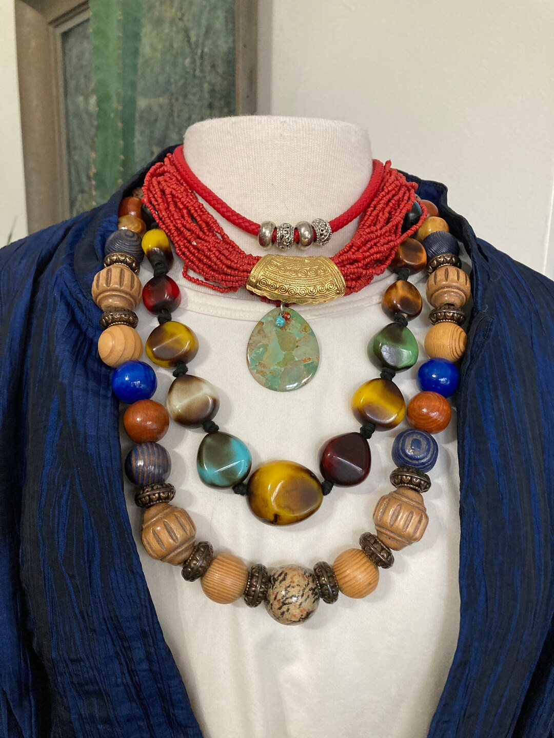 5/stacked Necklaces/red, Blue, Yellow /boho Necklace/ Layered Necklaces ...