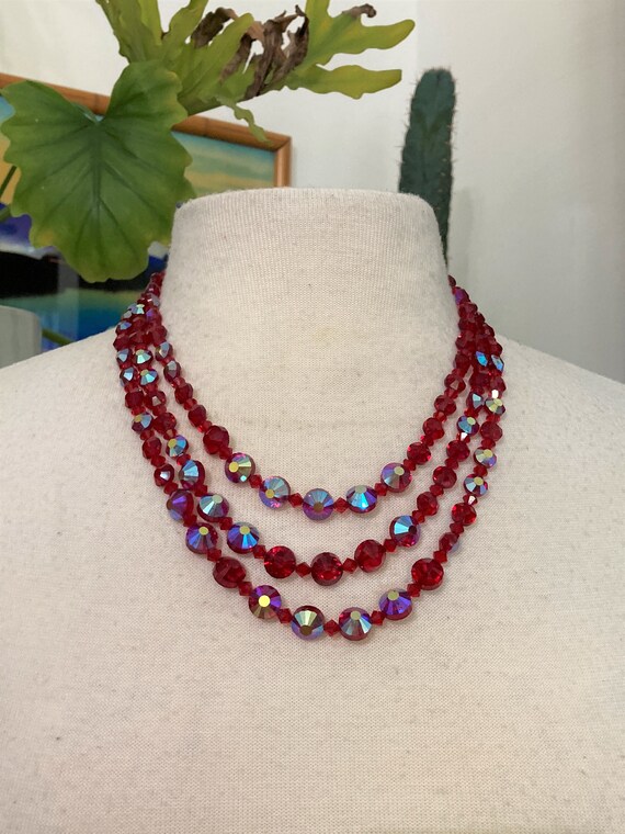 50s/ RED Crystal Necklace / Three Strands/ FACETED cr… - Gem