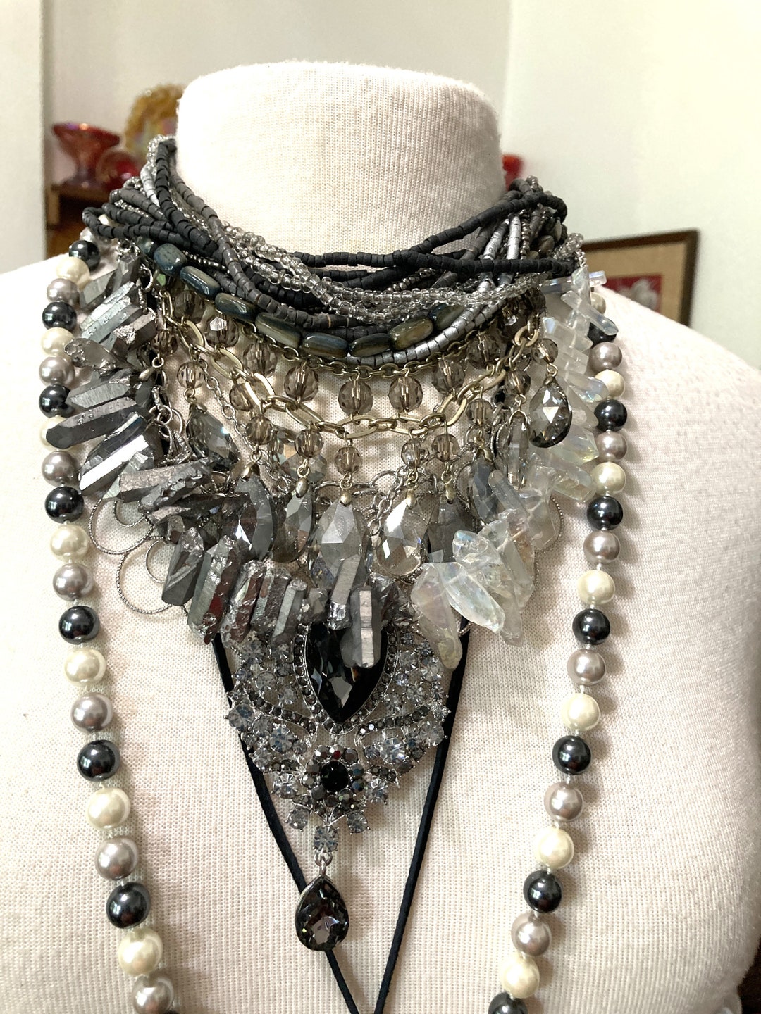 7, Layered Necklaces, Silvers, Black, Pearls, Crystals, Boho Necklace ...