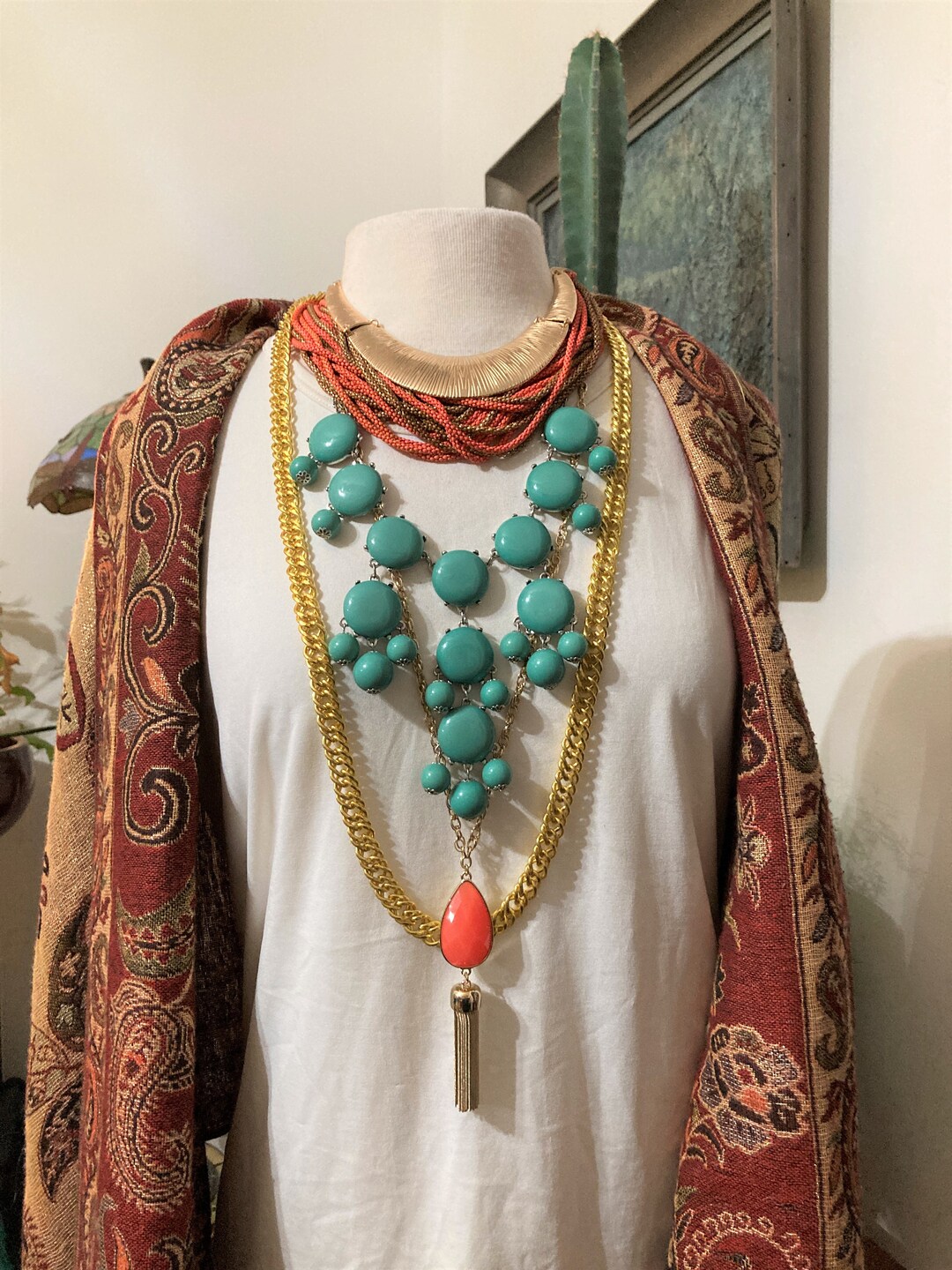 5/layered Necklaces/stacked Necklaces/blue and Orange /boho Necklace ...