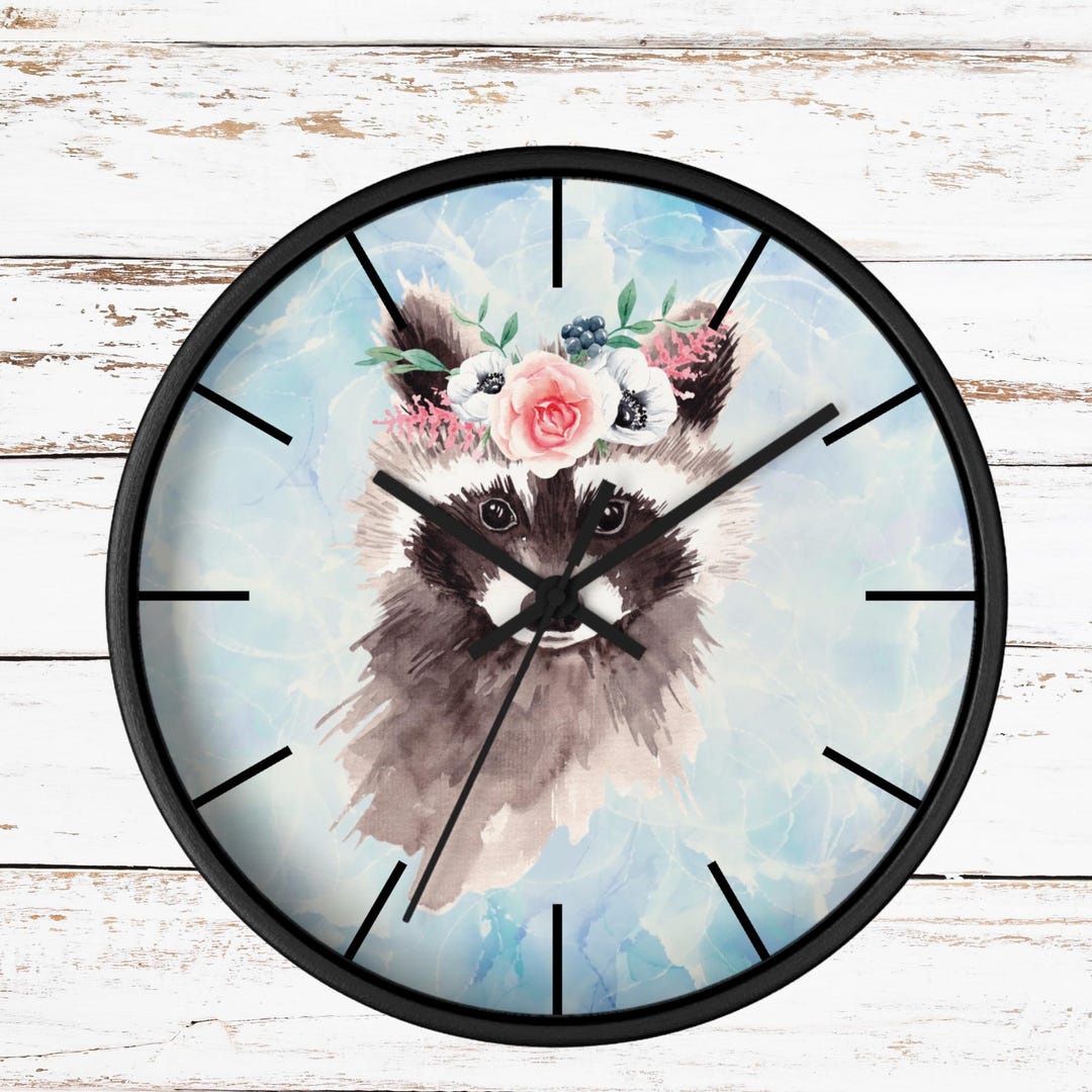 Raccoon Wall Clock, Floral Raccoon Decor, Woodland Animal Clock ...