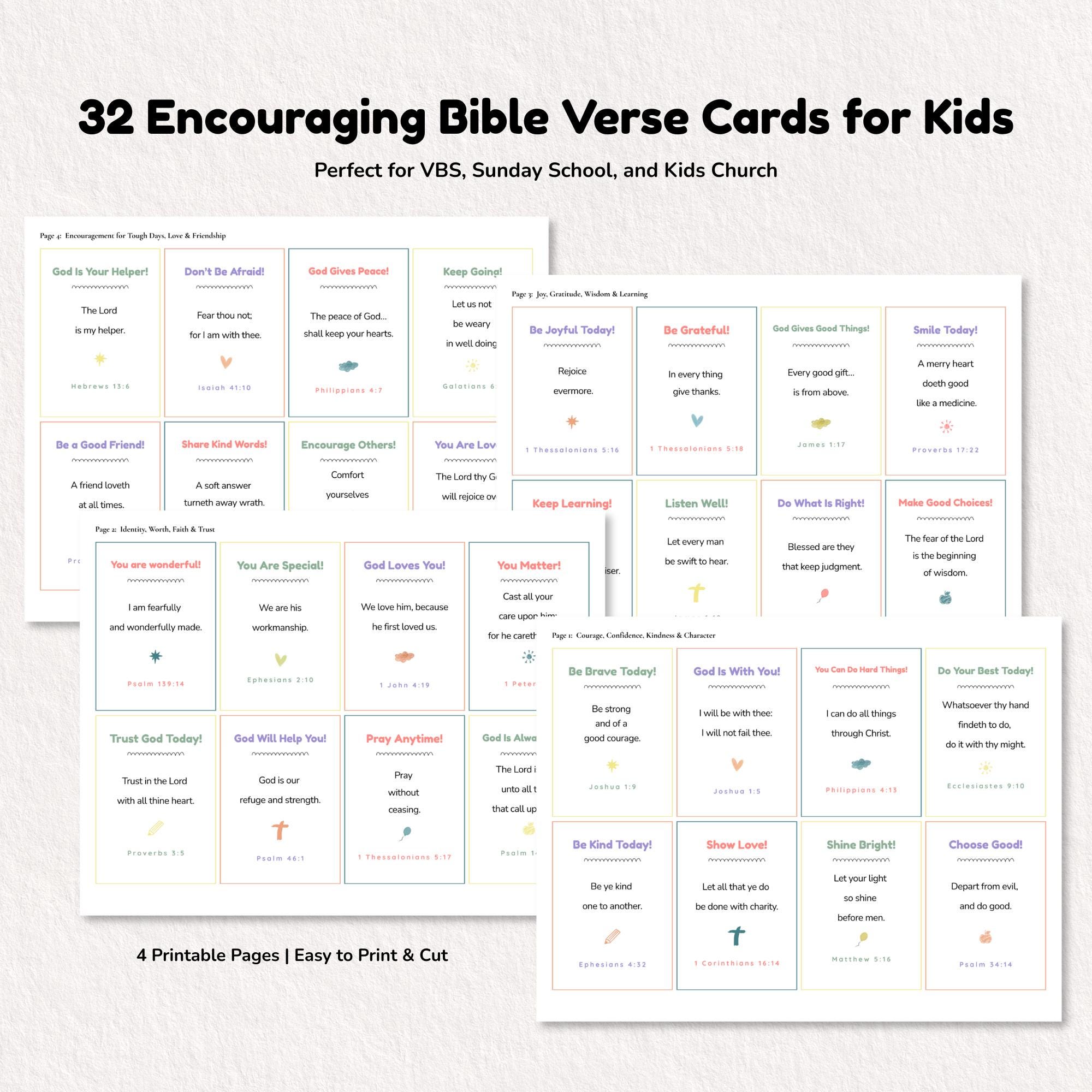 VBS Bible Verse Cards for Kids Printable, Sunday School Scripture Cards ...