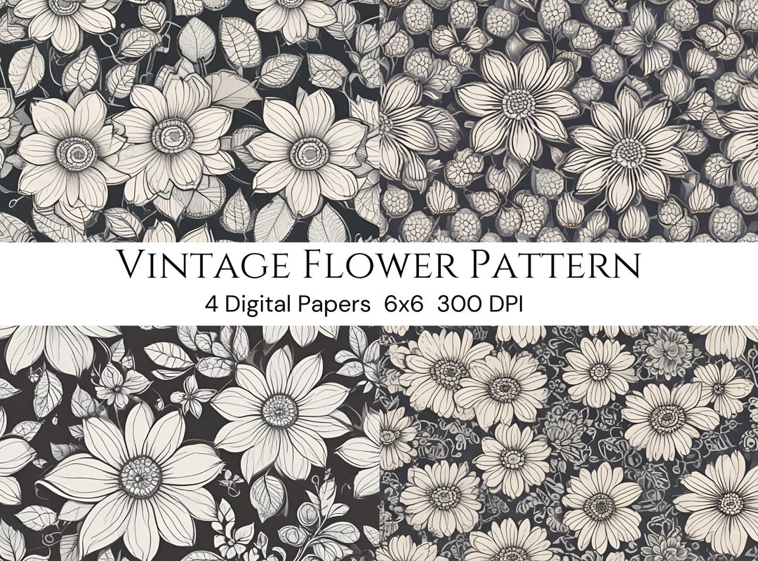 Vintage Floral Digital Paper: Black & Cream Flower Pattern (6x6, 4 Pack ...