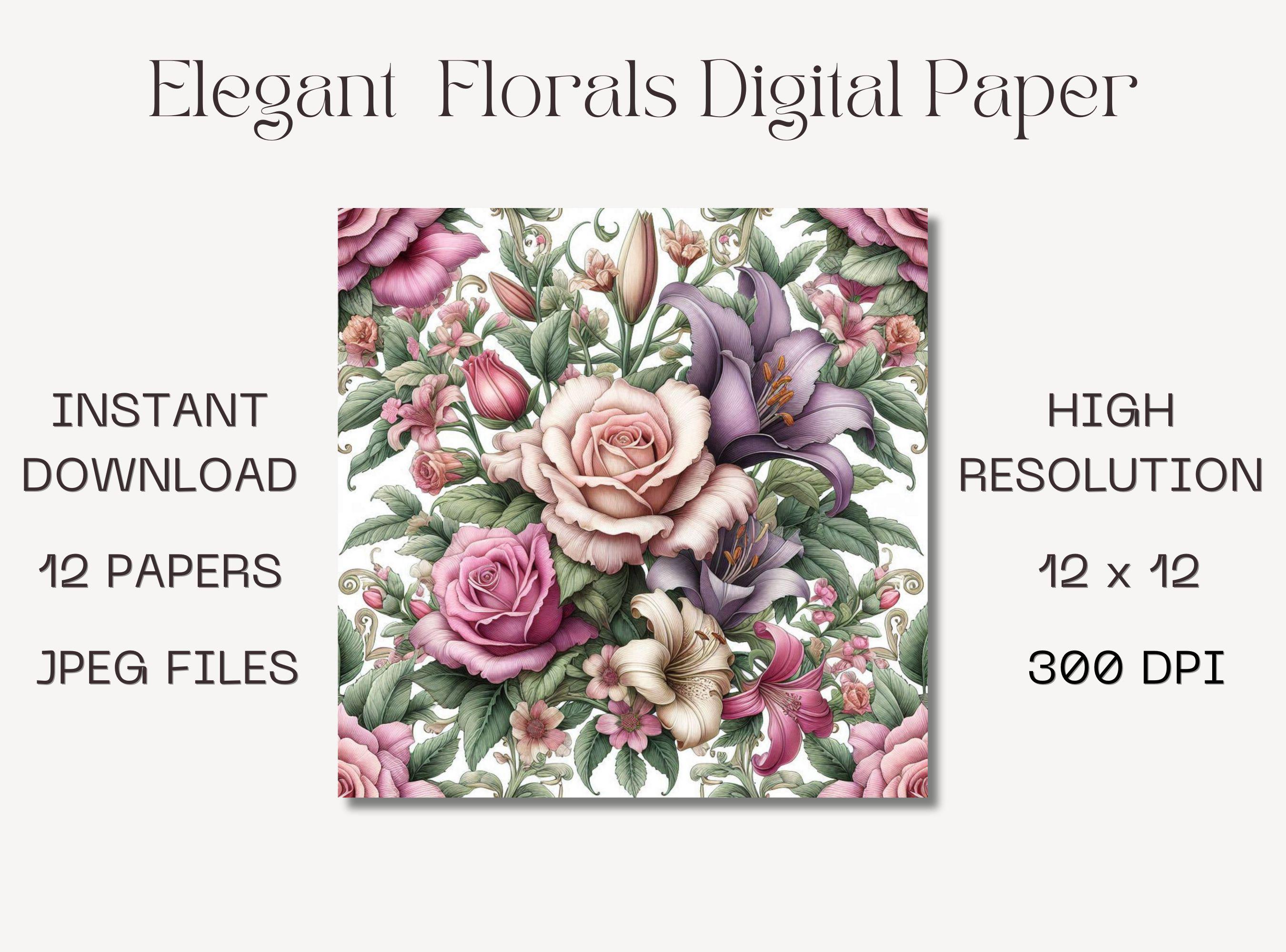 Elegant Florals Digital Paper Pretty Garden Flowers Bundle Pack of 12 ...