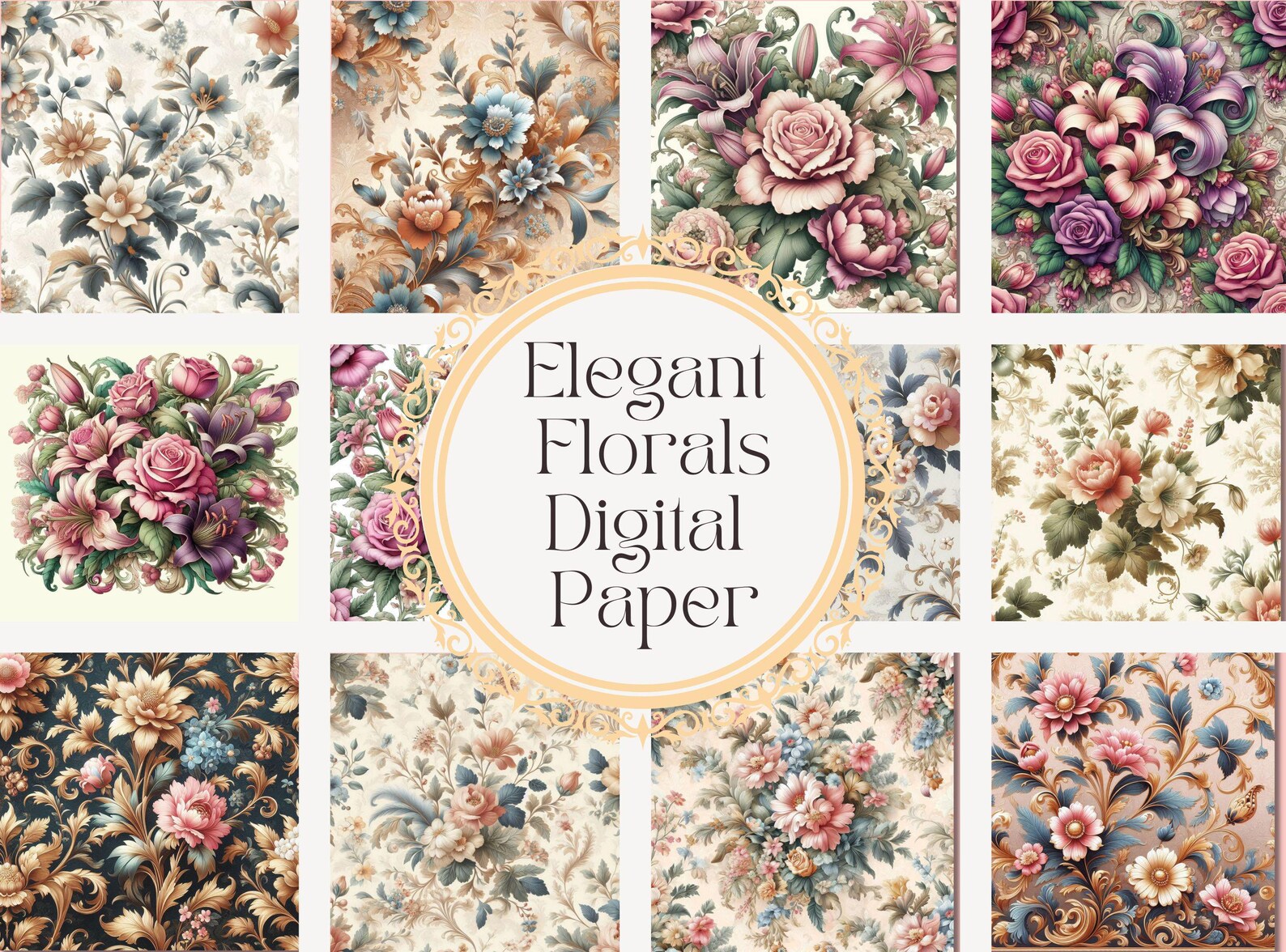 Elegant Florals Digital Paper Pretty Garden Flowers Bundle Pack of 12 ...