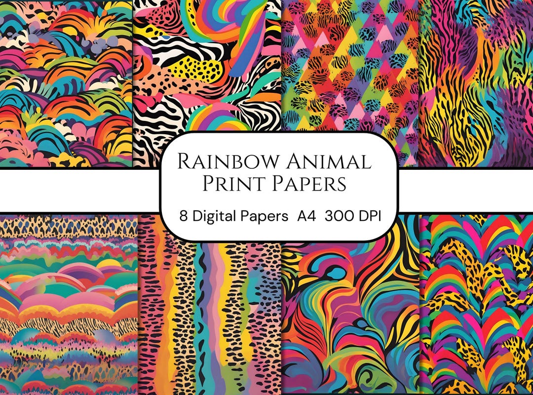 A4 Rainbow and Animal Print Digital Paper - Set of 8, Colorful ...