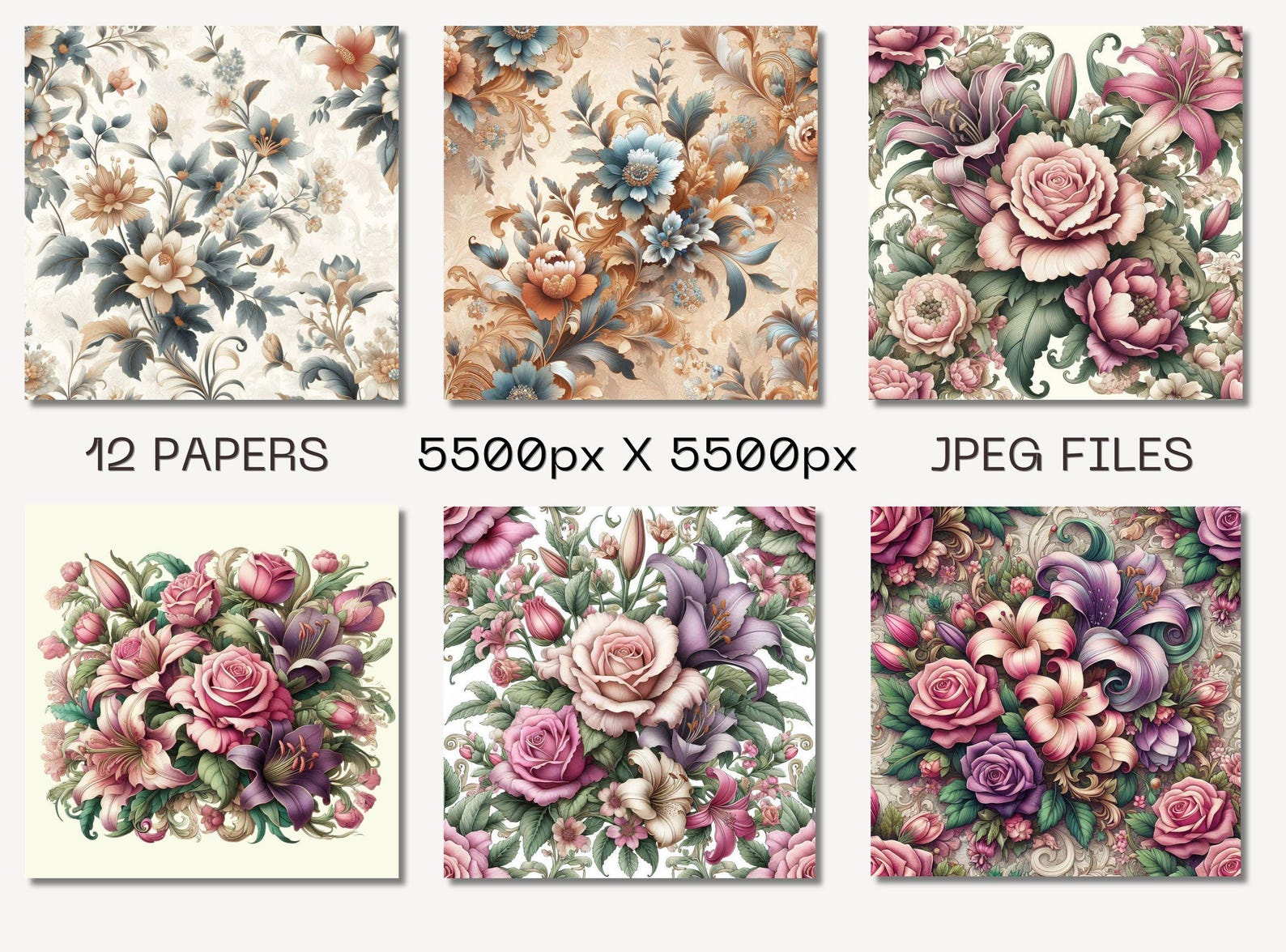 Elegant Florals Digital Paper Pretty Garden Flowers Bundle Pack of 12 ...